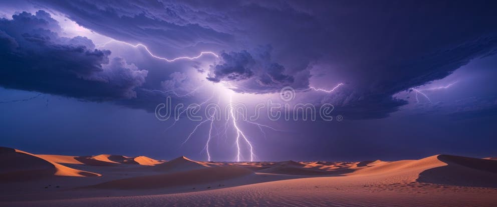 Dramatic Lightning Storm Over Desert Dunes. Stock Photo - Image of ...