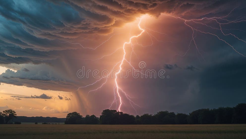 Dramatic Lightning Storm Over a Field at Sunset Stock Image - Image of ...