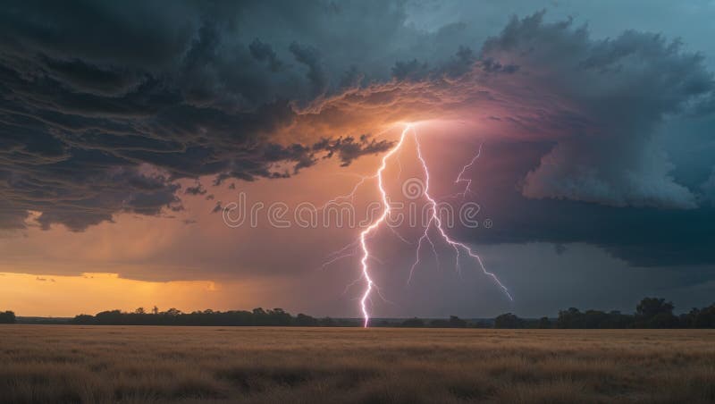 Dramatic Lightning Storm Over a Field at Sunset. Stock Photo - Image of ...