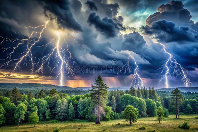 Dramatic Lightning Storm Over Forest Landscape Stock Illustration ...