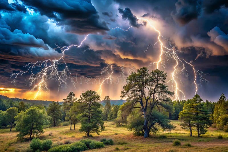 Dramatic Lightning Storm Over Forest Landscape Stock Illustration ...