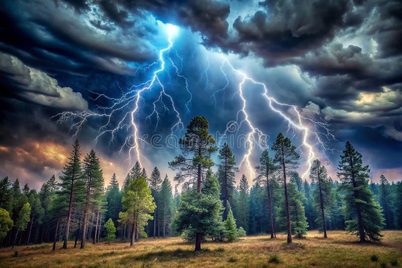 Dramatic Lightning Storm Over Forest Landscape Stock Illustration ...