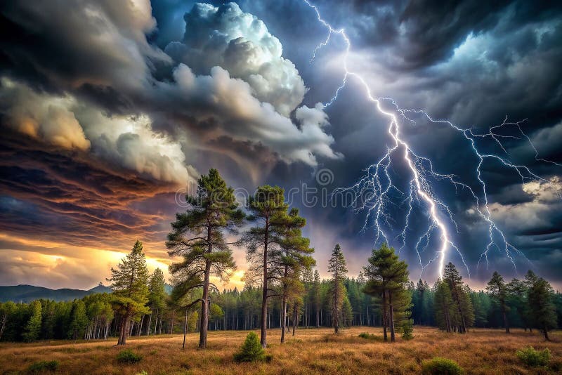 Dramatic Lightning Storm Over Forest at Sunset Stock Illustration ...