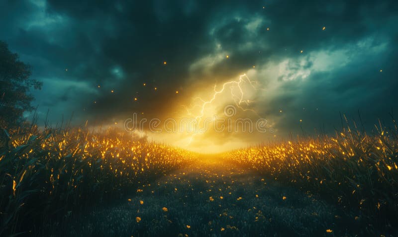 Dramatic Lightning Storm Over Golden Cornfield at Dusk with Glowing ...