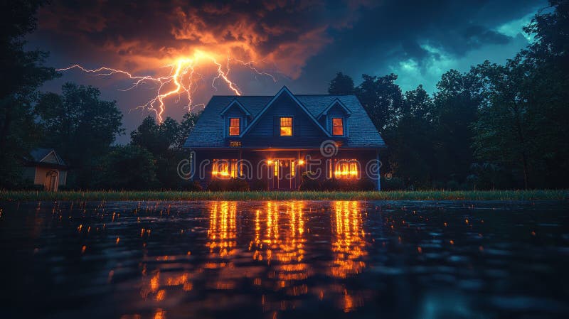 Dramatic Lightning Storm Over House with Glowing Windows and Reflection ...