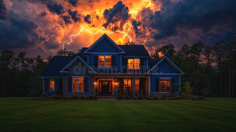 Dramatic Lightning Storm Over House with Glowing Windows and Reflection ...