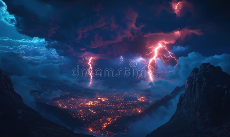 Dramatic Lightning Storm Over Illuminated Cityscape at Night with ...