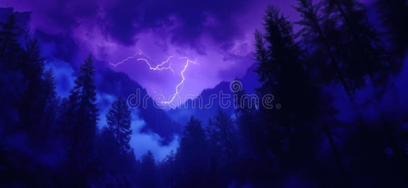 Dramatic Lightning Storm Over Misty Forest Mountains at Night Stock ...