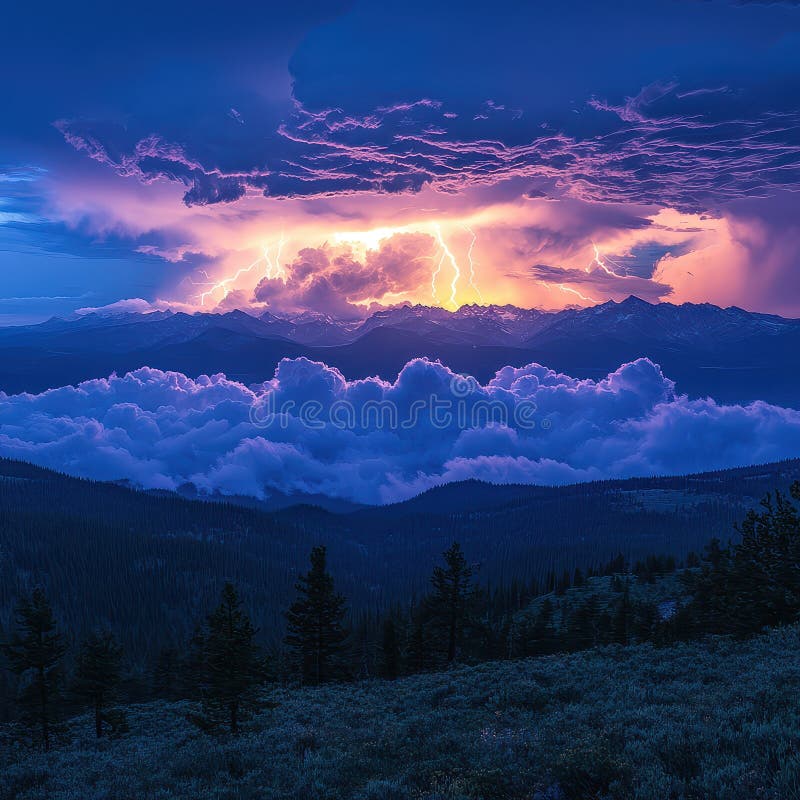 Dramatic Lightning Storm Over Mountain Landscape at Twilight Stock ...