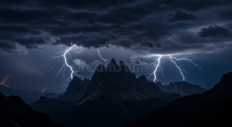Dramatic Lightning Storm Over Mountain Peaks at Night with Dark Clouds ...