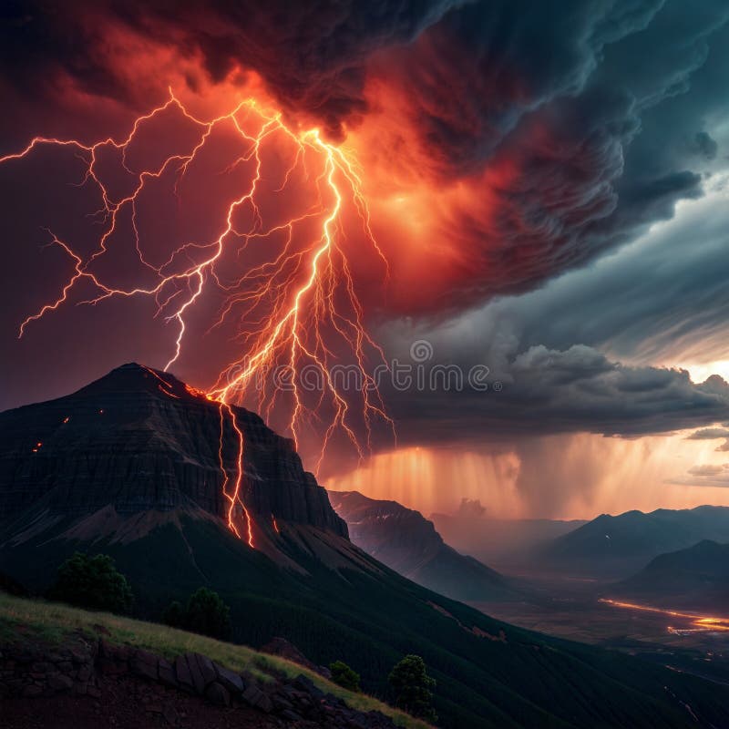 Dramatic Lightning Storm Over Mountain Range at Sunset Stock ...