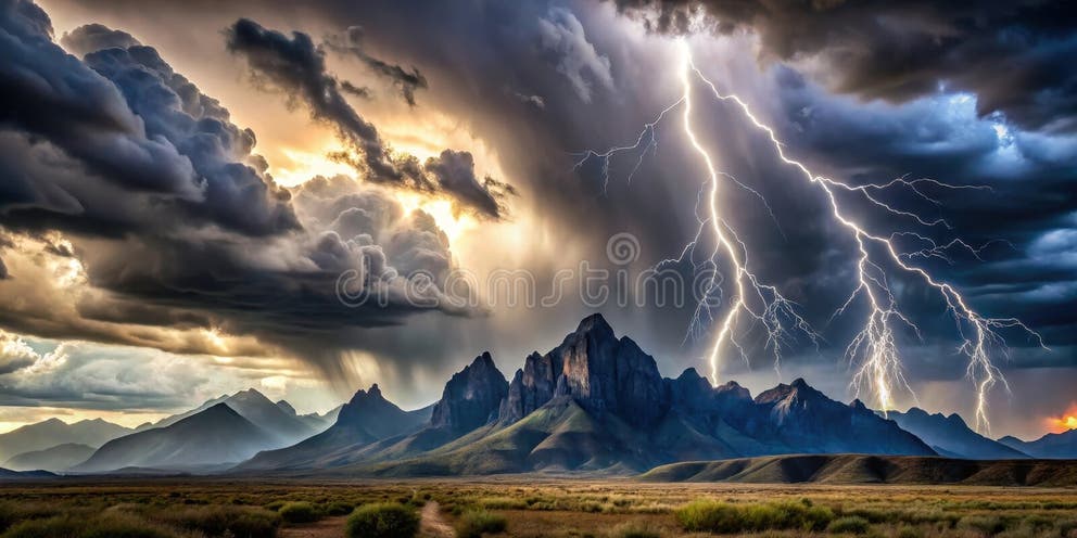 Dramatic Lightning Storm Over a Mountain Range at Sunset. Generative AI ...