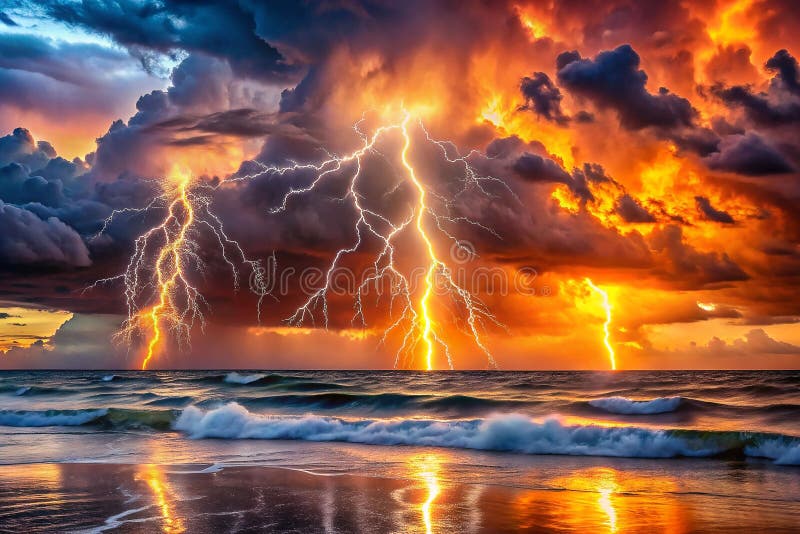 Dramatic Lightning Storm Over Ocean Beach Sunset Stock Illustration ...