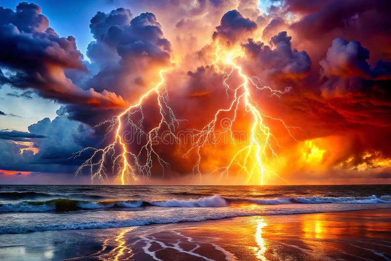 Dramatic Lightning Storm Over Ocean Beach at Sunset Stock Illustration - Illustration of ...