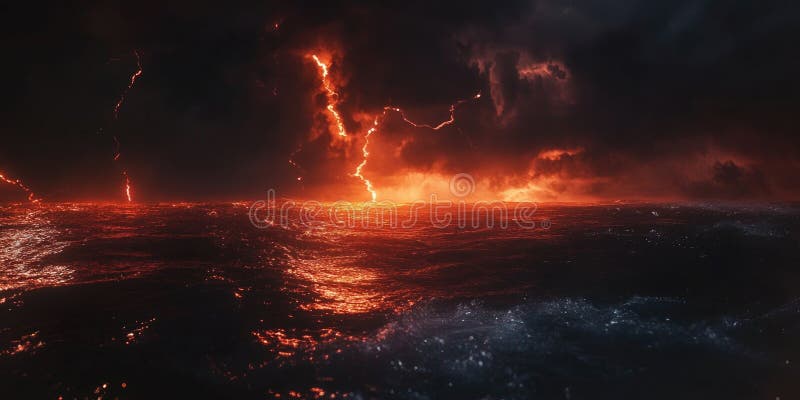 Dramatic Lightning Storm Over the Ocean at Night Background for Intense ...