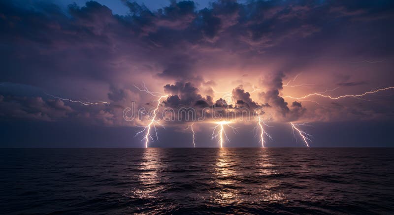 Dramatic Lightning Storm Over the Ocean Stock Illustration ...