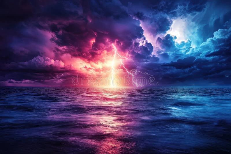 Dramatic Lightning Storm Over Ocean Stock Illustration - Illustration ...
