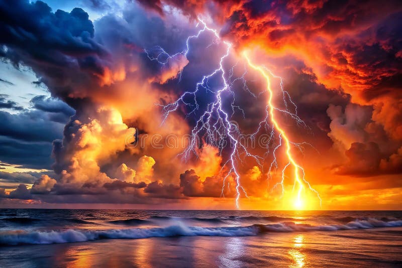Dramatic Lightning Storm Over Ocean Sunset Beach Stock Illustration - Illustration of colorful ...