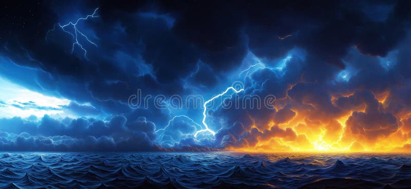 Dramatic Lightning Storm Over Ocean at Sunset with Vibrant Colors and ...