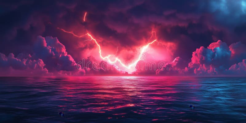 Dramatic Lightning Storm Over Ocean Vibrant Pink Purple Clouds Stock ...