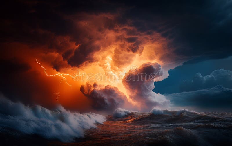 Dramatic Lightning Storm Over Ocean Waves and Fiery Clouds Stock Photo - Image of horizon, ocean ...