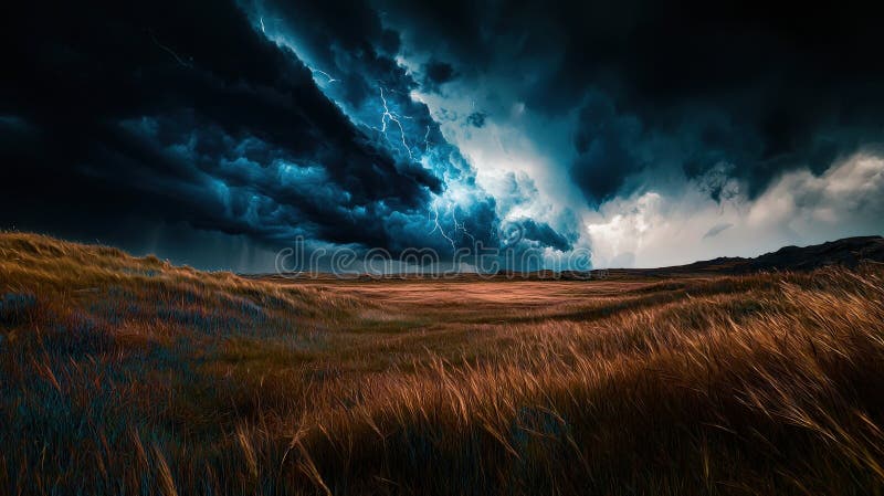 Dramatic Lightning Storm Over Open Fields Nature Landscape Thunderous ...