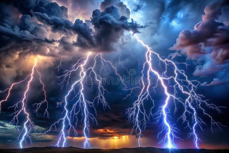 Dramatic Lightning Storm Over Plains Sunset Stock Illustration ...