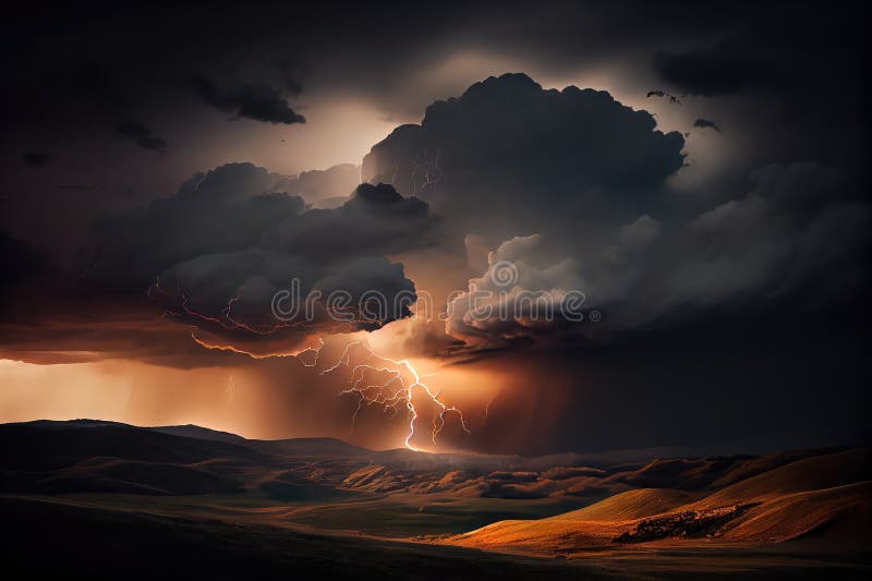 Dramatic Lightning Storm Over Rolling Hills, with Dramatic Clouds and ...
