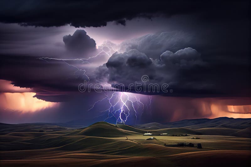 Dramatic Lightning Storm Over Rolling Hills, with Dramatic Clouds and ...