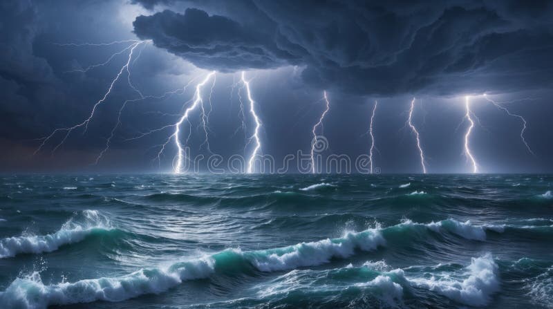 Dramatic Lightning Storm Over Rough Ocean Waves Stock Illustration ...