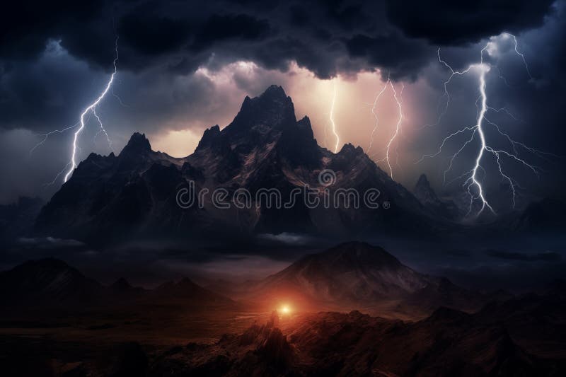 Dramatic Lightning Storm Over a Rugged Mountain Range. Generative AI ...