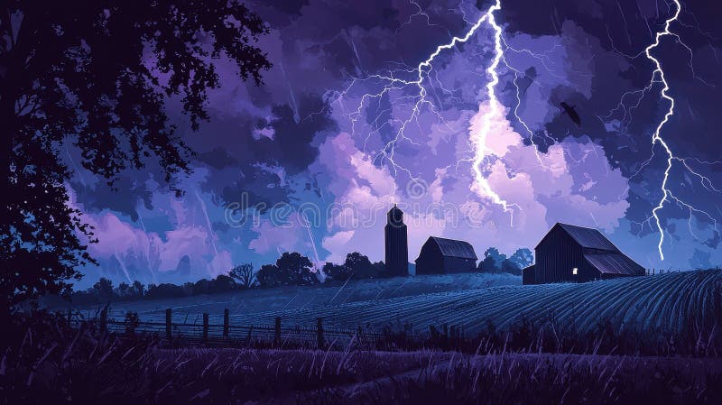Dramatic Lightning Storm Over a Rural Farm Featuring Silhouetted Barns ...
