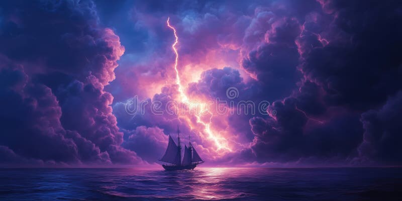 Dramatic Lightning Storm Over Sailing Ship in Vibrant Purple and Blue ...