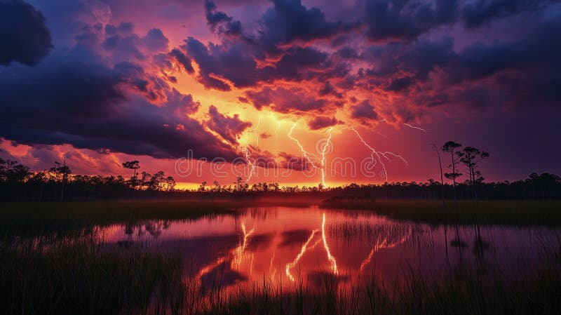 Dramatic Lightning Storm Over Tranquil Water Reflection at Sunset Stock ...