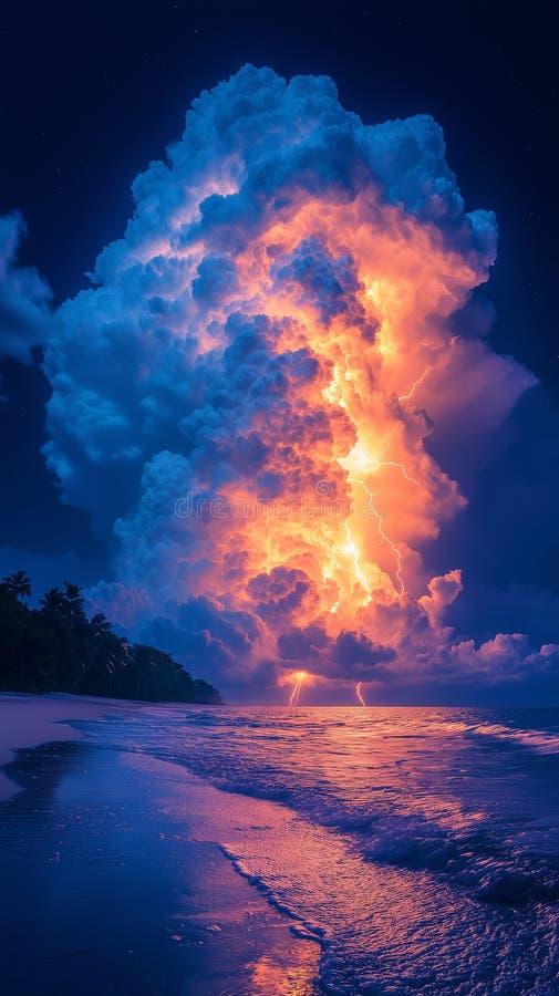 Dramatic Lightning Storm Over a Tropical Beach at Night with Dark Sky ...