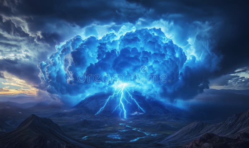 Dramatic Lightning Storm Over Volcanic Landscape with Vibrant Blue ...