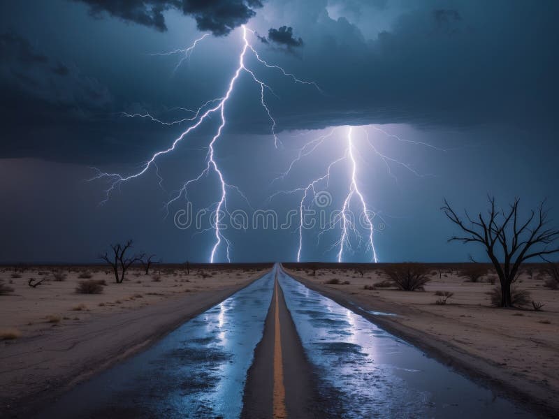 Dramatic Lightning Storm Over a Wet Desert Road at Dusk Stock Image ...