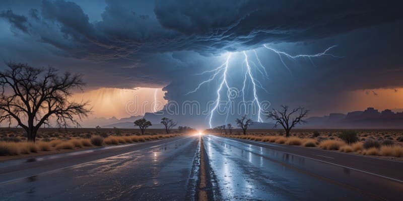 Dramatic Lightning Storm Over a Wet Desert Road at Dusk. Stock Image ...