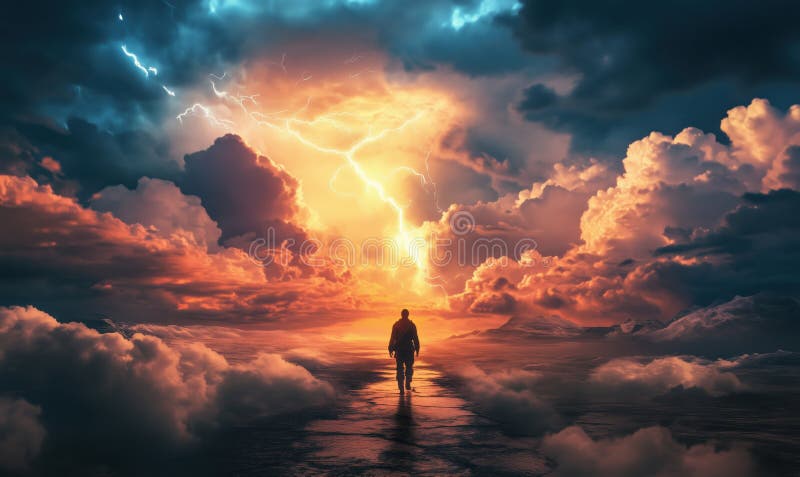 Dramatic Lightning Storm, Person Walking Towards Vibrant Sunset, Clouds ...