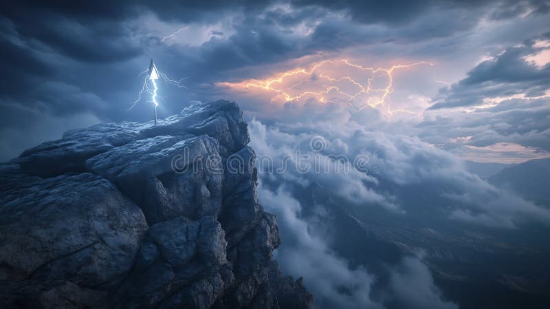 Dramatic Lightning Storm Raging Over Rugged Mountain Cliff with ...