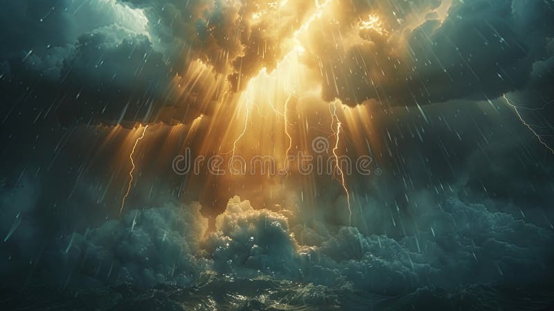 Dramatic Lightning Storm with Rain and Golden Rays of Light Stock Image ...