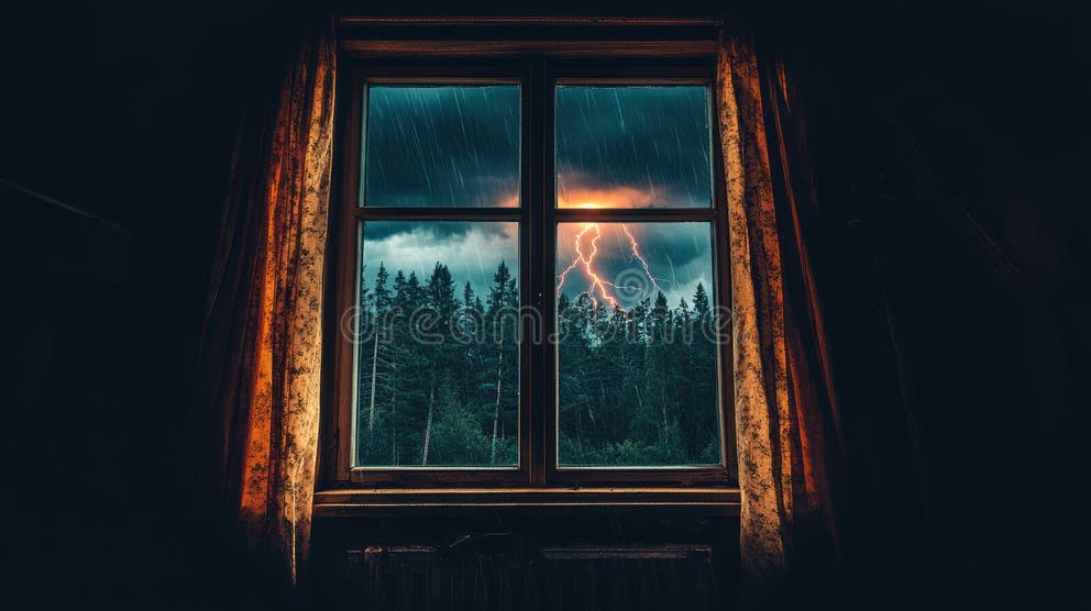 Dramatic Lightning Storm View through Vintage Window at Night Stock ...