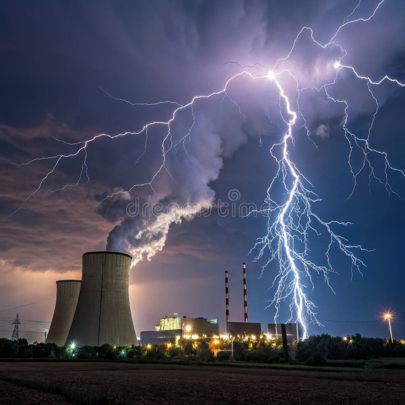 Dramatic Lightning Strike Above Nuclear Power Plant during Stormy Night ...