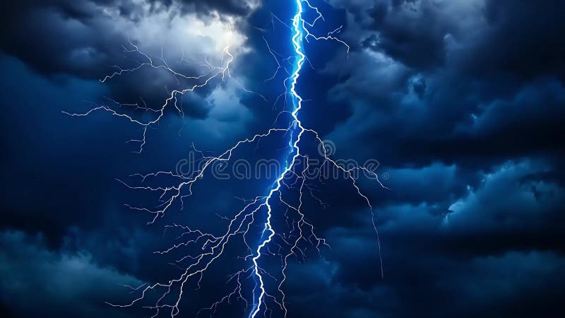 Dramatic Lightning Strike through Dark Storm Clouds, Intense Blue Sky ...