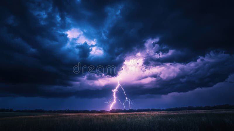 Dramatic Lightning Strike in Dark Stormy Sky Captured Over Open Field ...