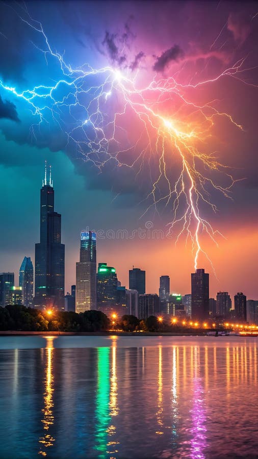 Dramatic Lightning Strike Illuminates the Chicago Skyline at Dusk with ...