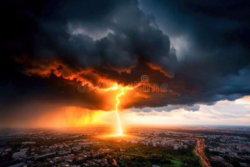 Dramatic Lightning Strike Illuminates Cityscape Under Dark Storm Clouds ...
