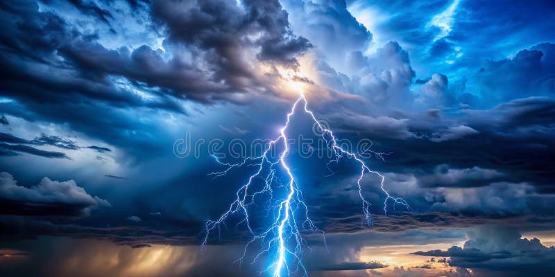 A Dramatic Lightning Strike Illuminates a Cloudy Blue Sky Creating a ...