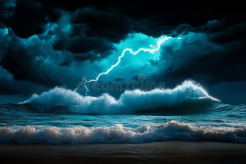 Dramatic Lightning Strike Illuminates Crashing Waves Against a Dark ...