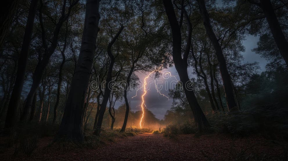 A Dramatic Lightning Strike Illuminates a Dark Forest Path at Night ...